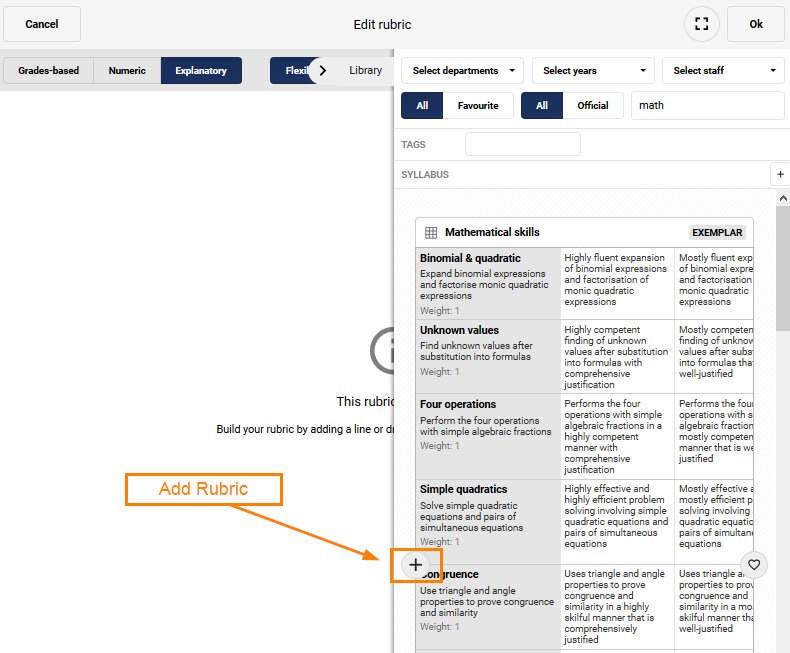 Adding a Rubric to an assessment and accessing the Rubrics Library