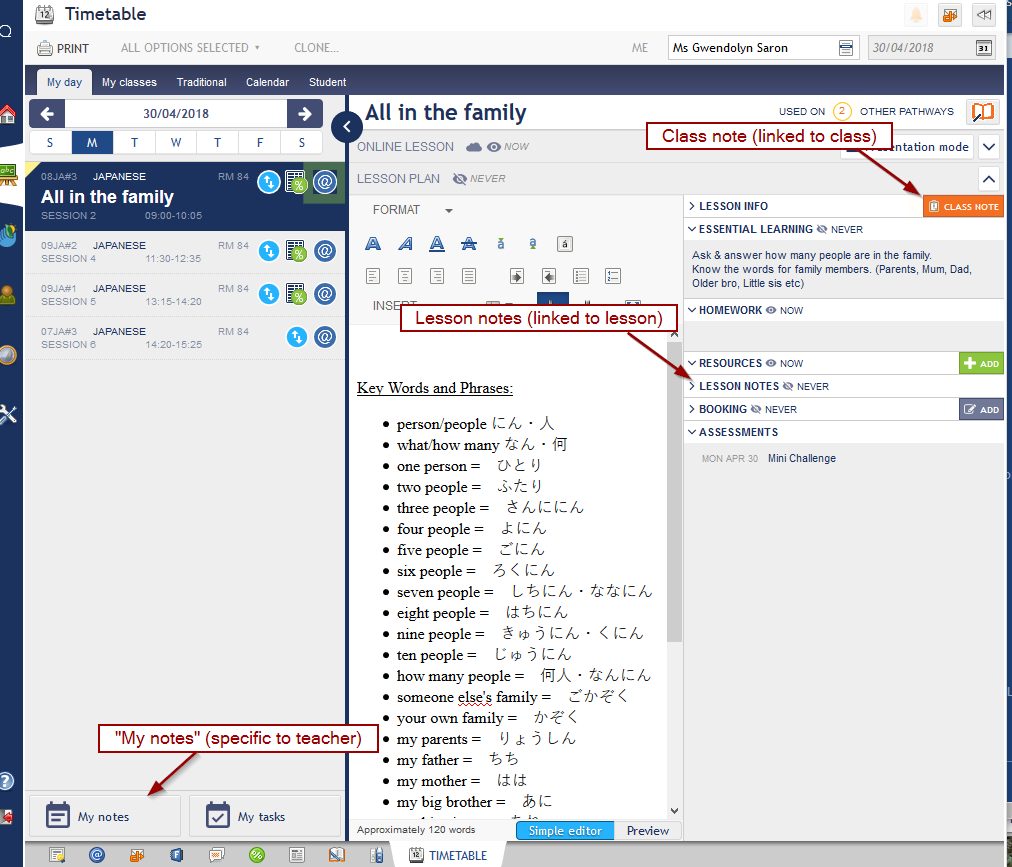 Using Class notes, Lesson notes, and My notes