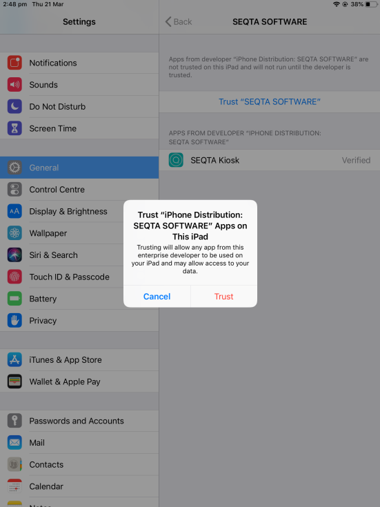 Enabling SEQTA Kiosk as a trusted app (Untrusted Enterprise Developer)